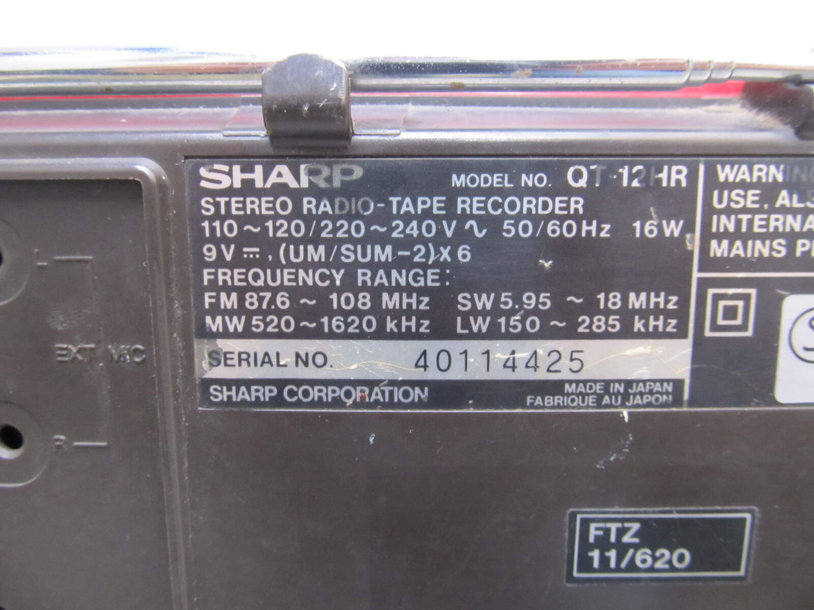 Sharp QT-12HR - kazetový magnetofon kazeťák - SHARP JAPAN | Aukro